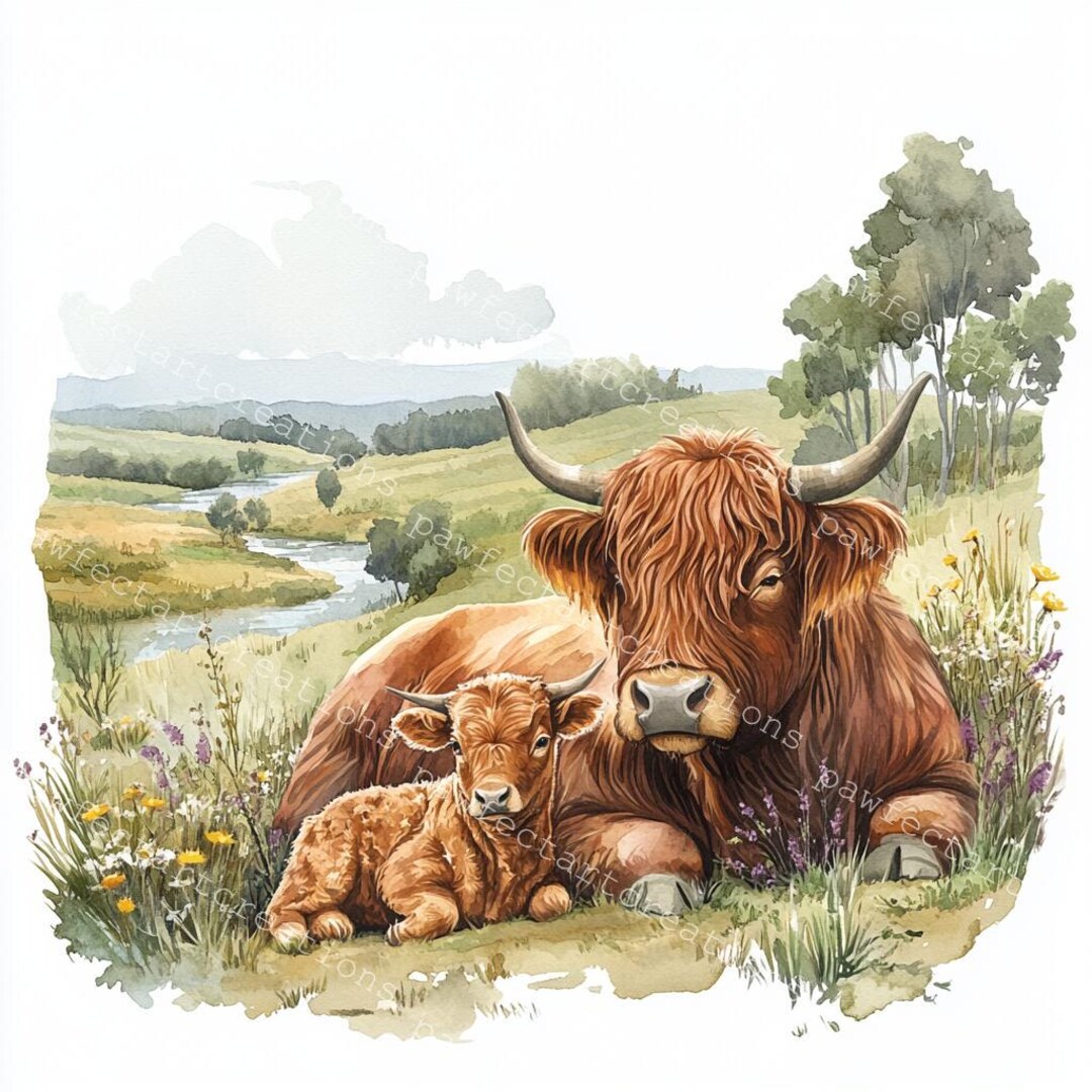 Highland Cow & Calf Watercolor Clipart: Farm Animal Jpgs (digital ...