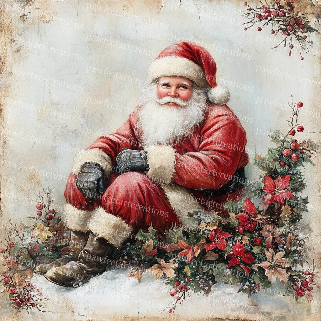 Vintage Santa Claus Clipart: Aged Paper Christmas Card (digital ...