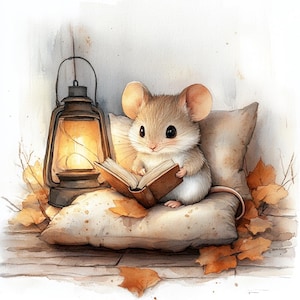 15 Mouse Reading Book Clipart, Cute Mouse Clipart, Printable Watercolor ...