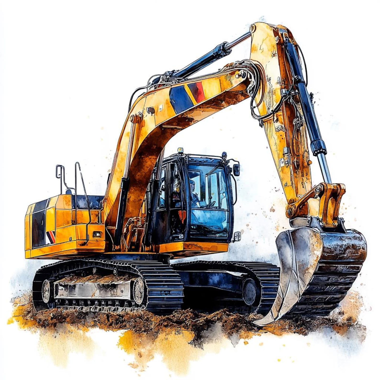 Excavator Watercolor Clipart: Construction Vehicle Designs (digital ...