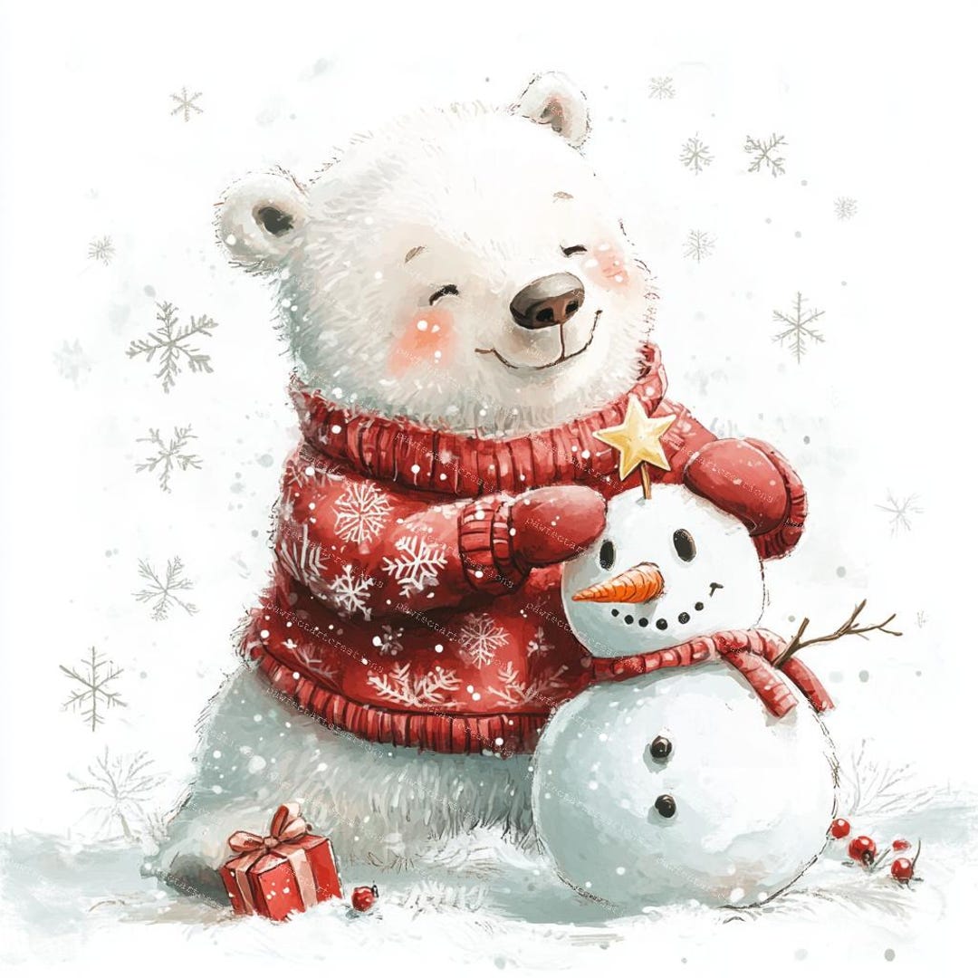 Christmas Polar Bear Clipart: Watercolor Bear & Snowman (digital ...