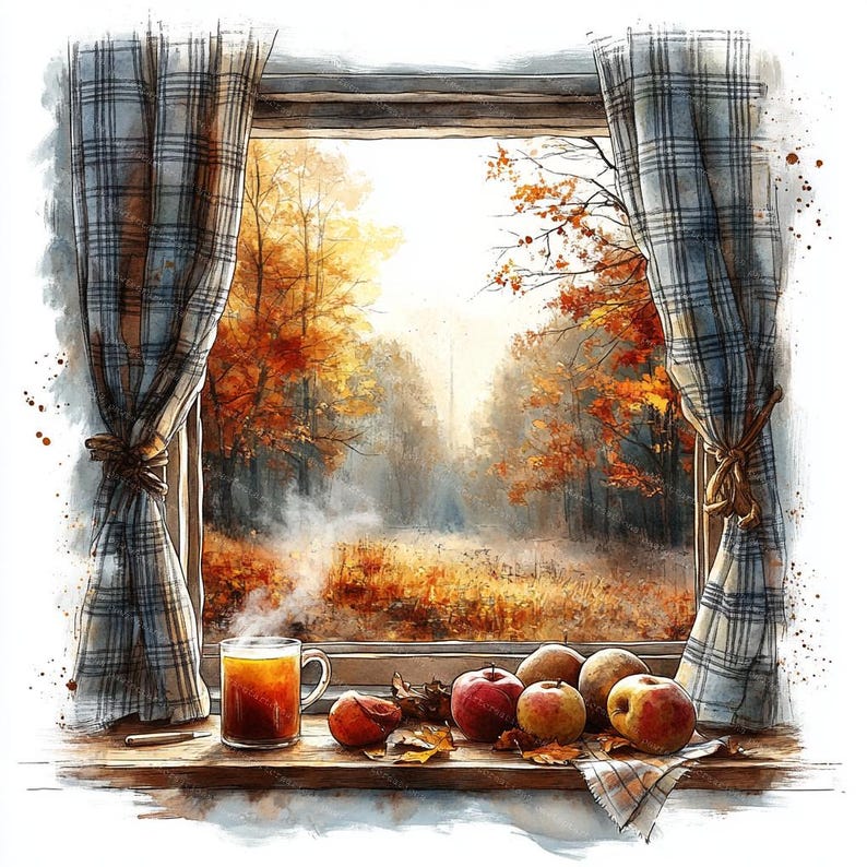 Autumn Window View Clipart: Fall Landscape Watercolor (digital Download ...