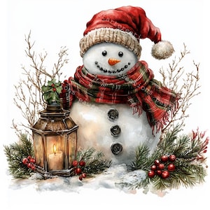 10 Vintage Christmas Snowman Clipart: Retro Watercolor Jpgs (digital ...
