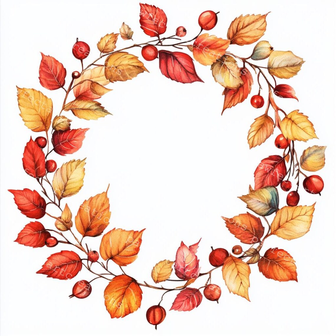 Autumn Leaves Wreath Clipart: Watercolor Fall Foliage (digital Download ...