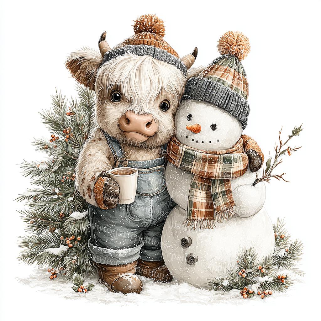 18 Cute Highland Cow With Snowman Clipart, Hot Cocoa Design, Cozy ...