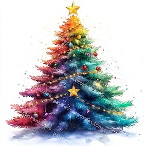 12 Rainbow Christmas Tree Clipart, Christmas Card, Printable Watercolor ...