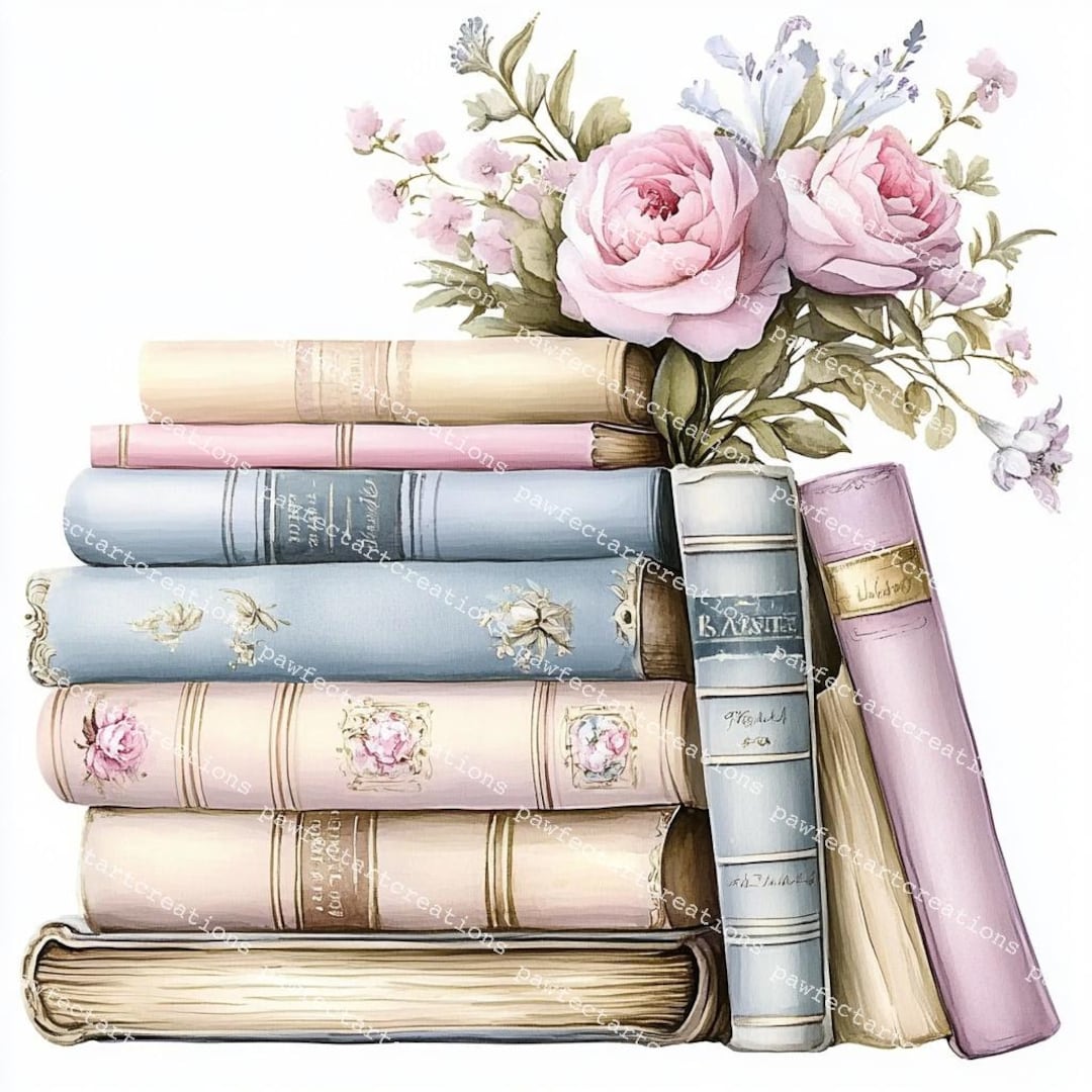 Pastel Book Flowers Clipart: Shabby Chic Watercolor Books (JPG Digital ...