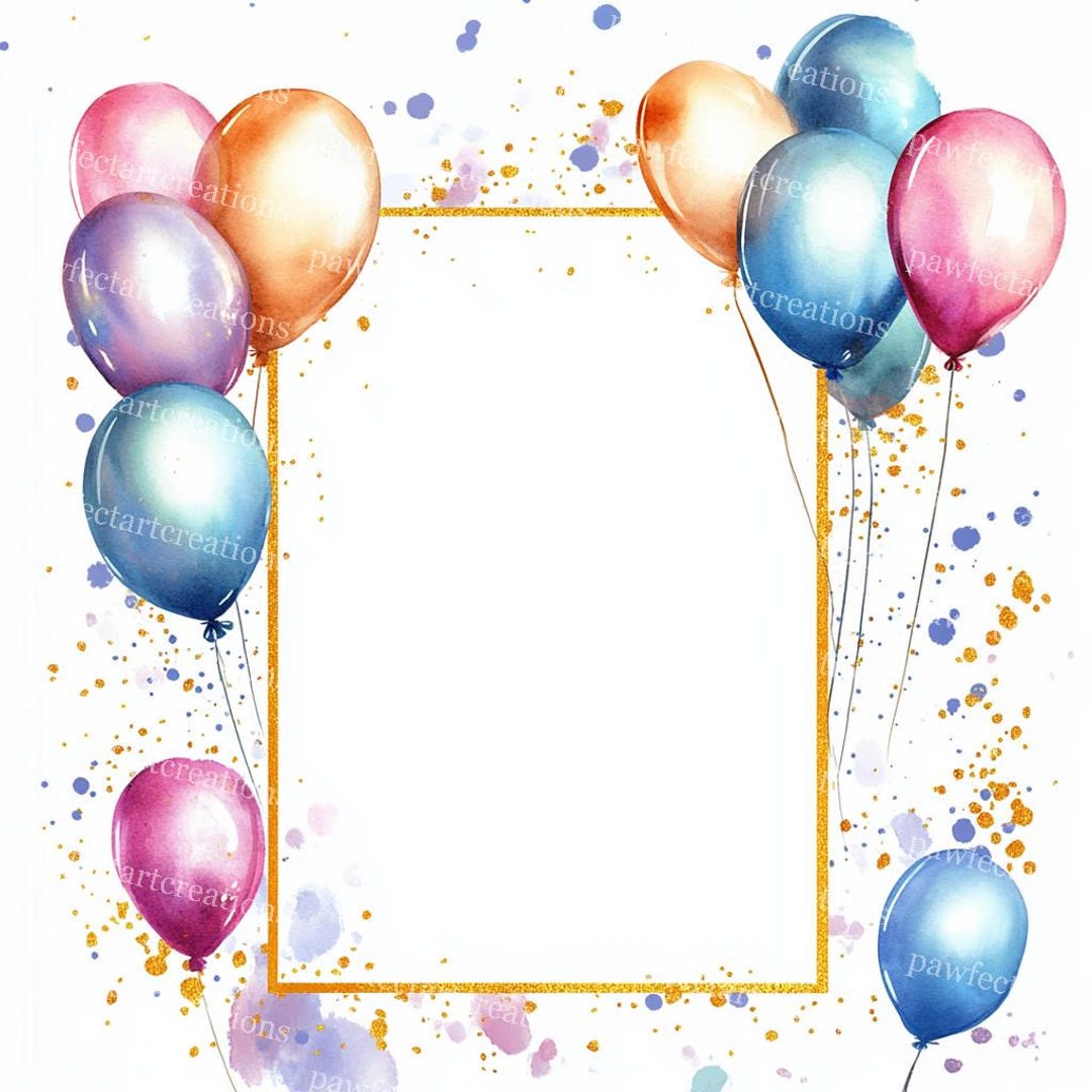 Birthday Balloon Frame Clipart: Watercolor Celebration (digital ...