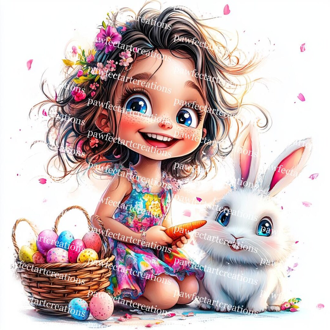 10 Happy Easter Girl With Bunny Clipart: Watercolor Easter Eggs ...