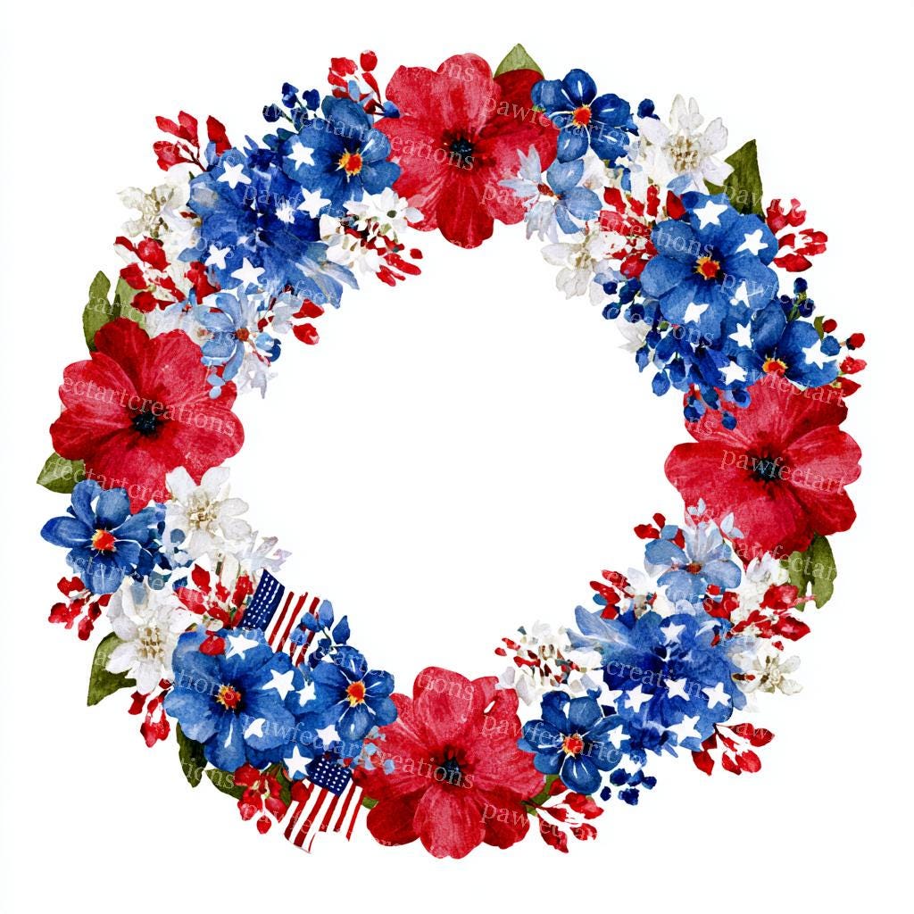 25 Patriotic Wreath Clipart, 4th of July, Cute Floral Wreath, Printable ...