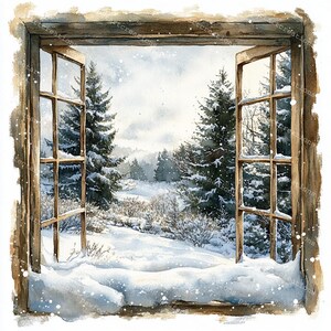 Winter Window View Clipart: Christmas Landscape Watercolor (digital ...