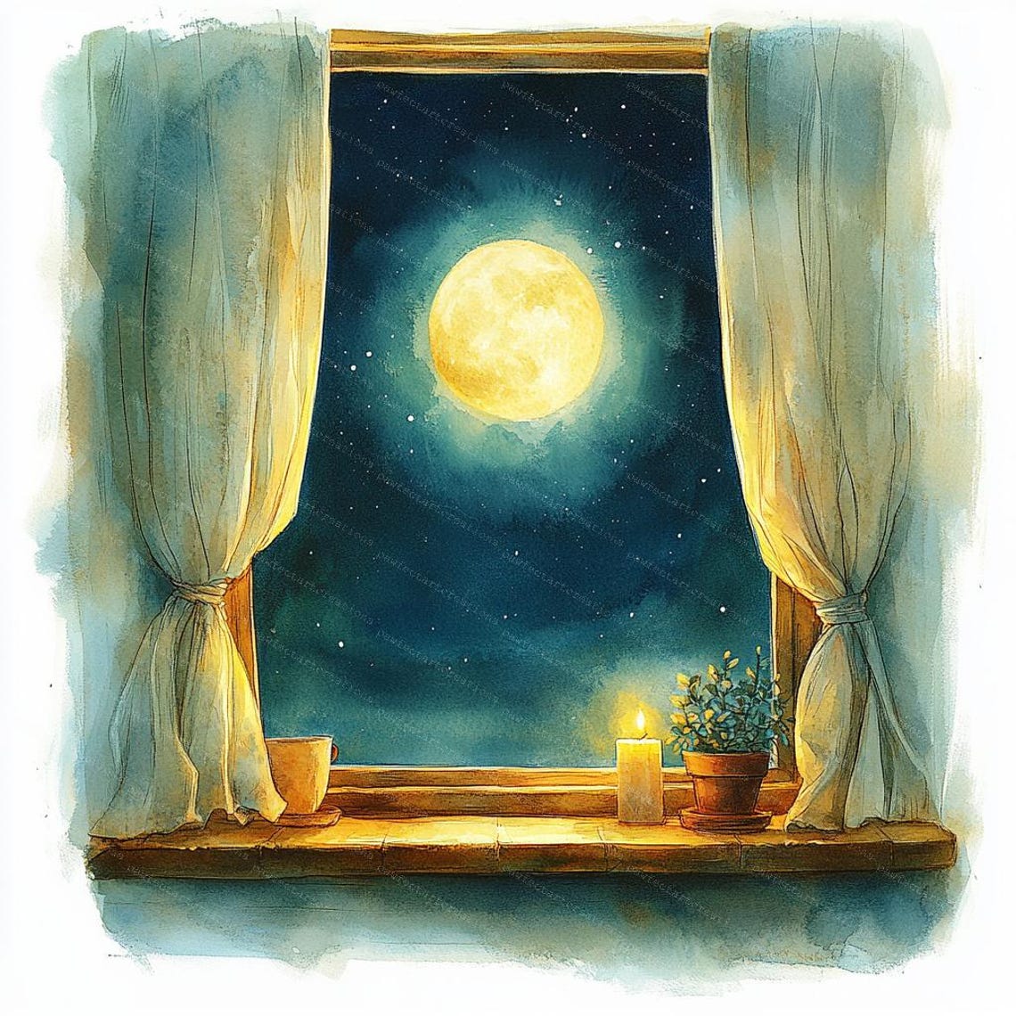 Moonlit Window Watercolor Clipart: Night Sky Landscape (digital ...
