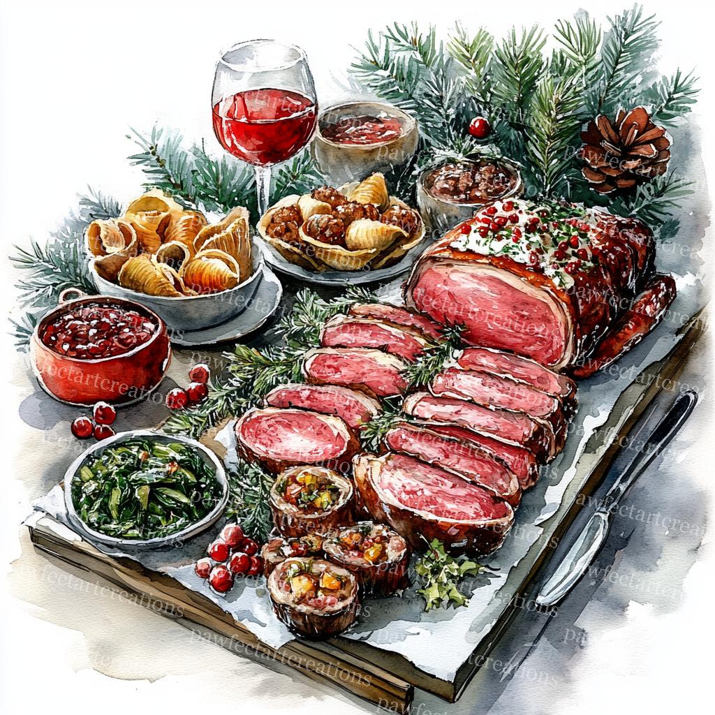 Christmas Dinner Clipart: Holiday Food Illustrations (JPG Digital ...