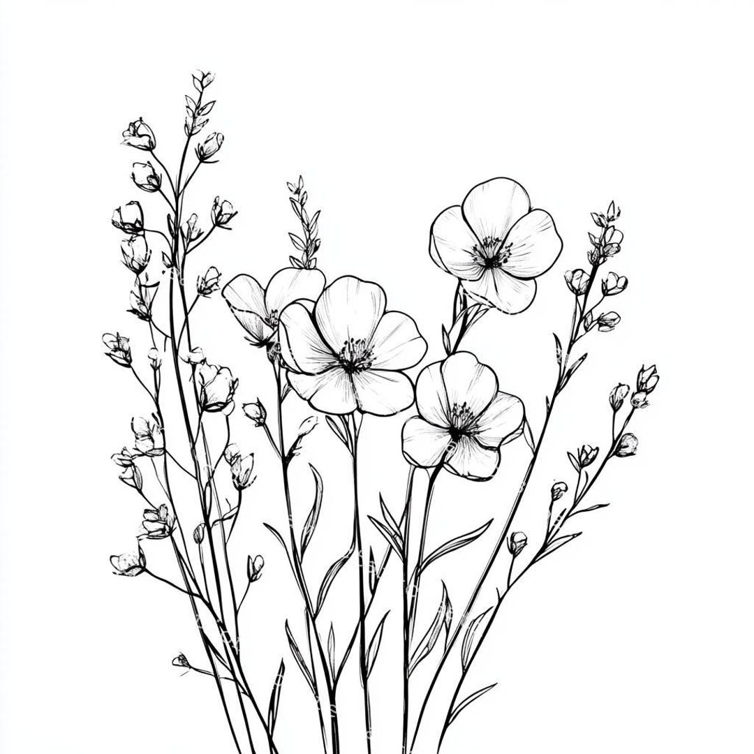 20 Sketch Wildflower Drawings Clipart, Wildflower Drawings Black and ...