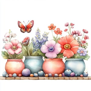 Watercolor Flower Clipart: Whimsical Floral Pots (digital Download) - Etsy