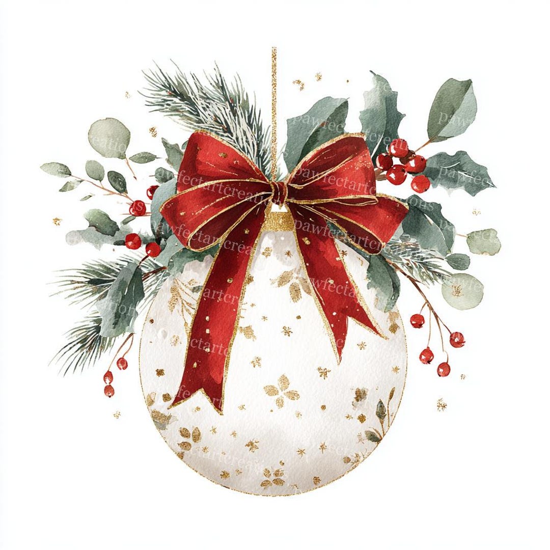 30 Xmas Red Ornament Clipart, Christmas Card, Gold Xmas Baubles ...