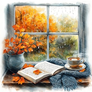 Autumn Window View Clipart: Fall Landscape Watercolor (digital Download ...