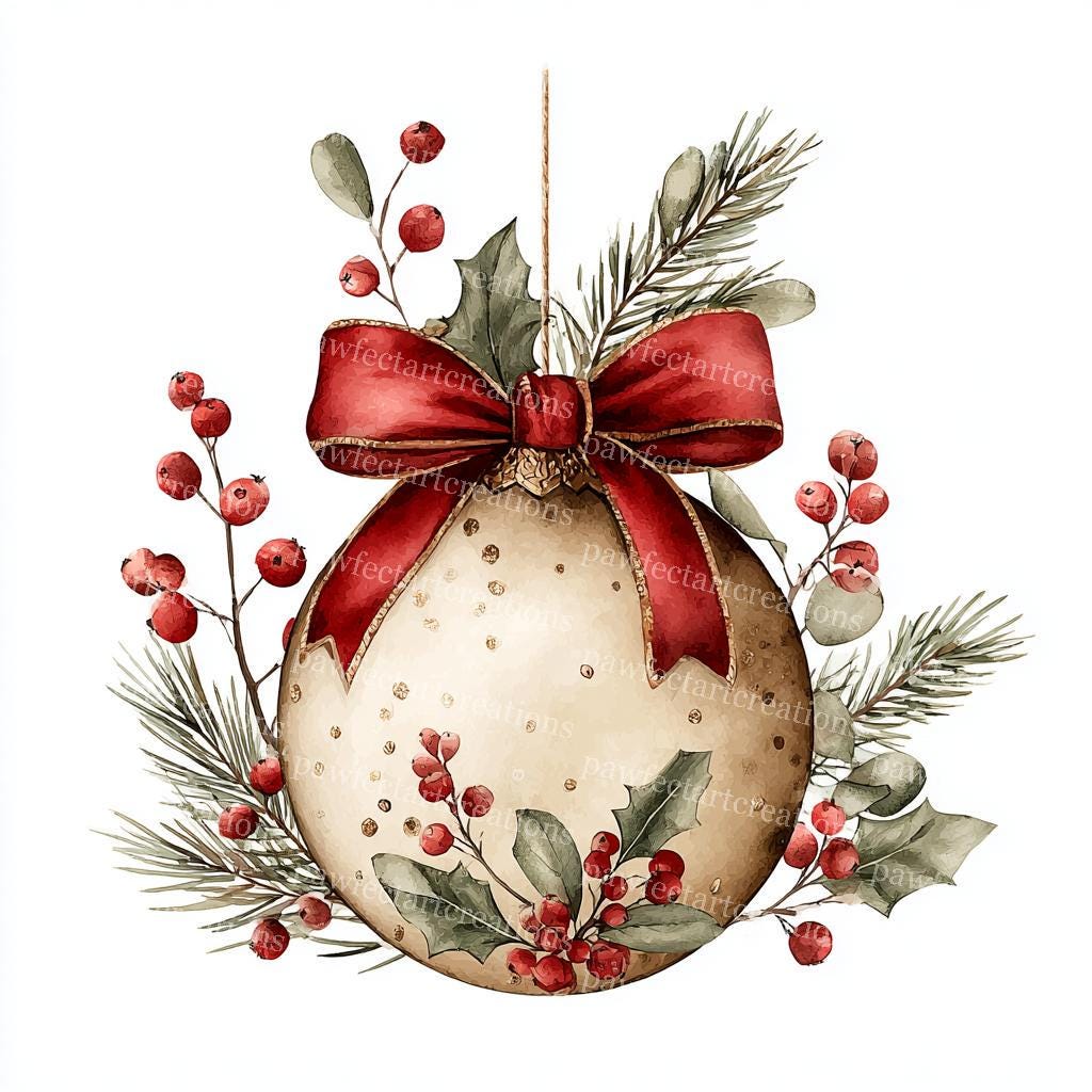 30 Xmas Red Ornament Clipart, Christmas Card, Gold Xmas Baubles ...