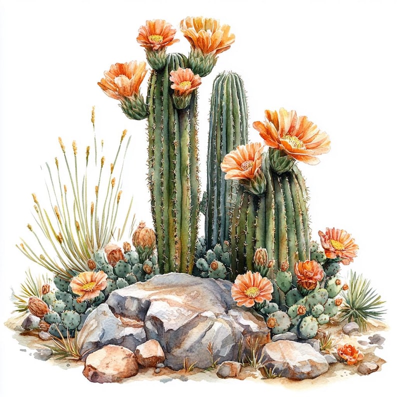 Watercolor Cactus Clipart Set: Blooming Desert Plants (digital Download ...