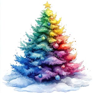 12 Rainbow Christmas Tree Clipart, Christmas Card, Printable Watercolor ...