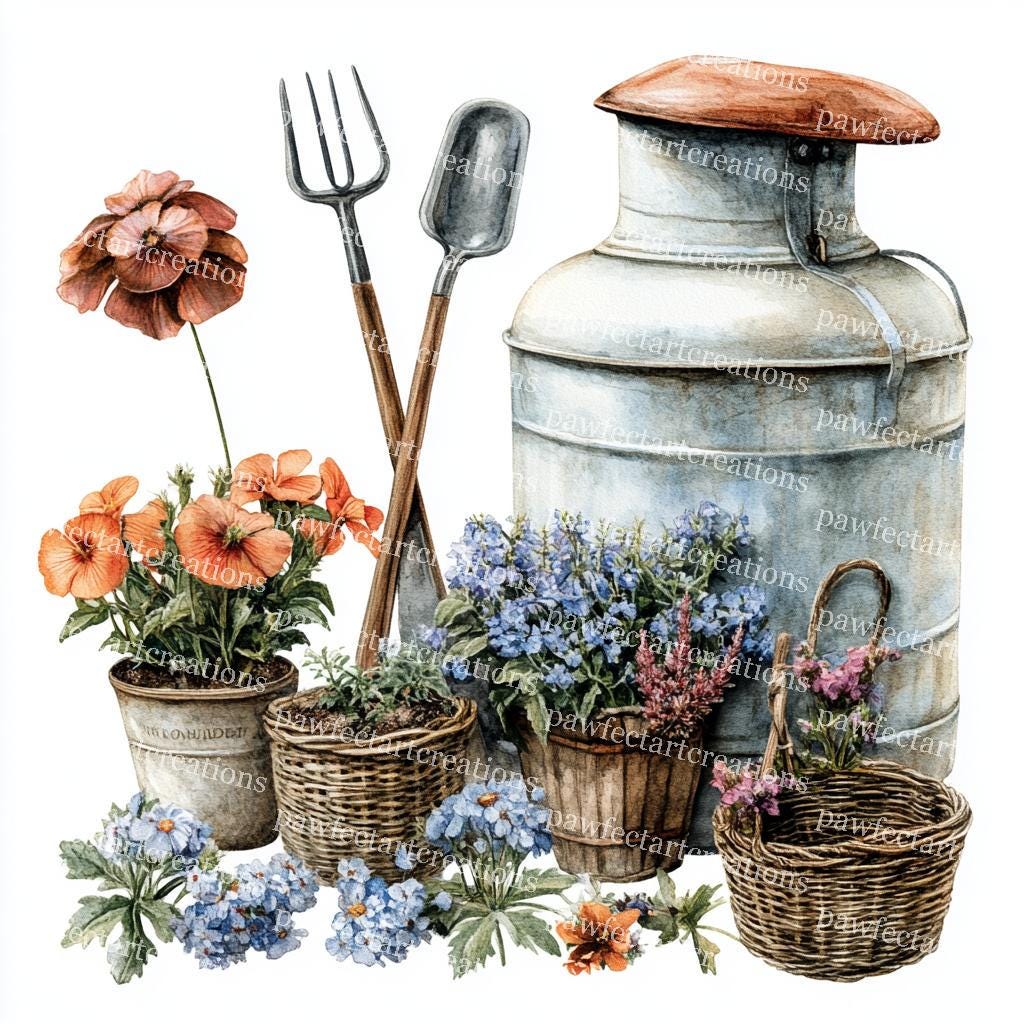 Vintage Gardening Tools Watercolor Clipart: Spring Garden Art (digital ...