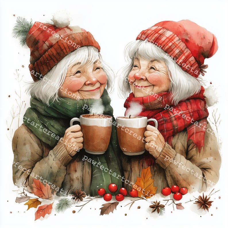 10 Christmas Funny Old Ladies Clipart, Best Friends, Set 1, Printable ...