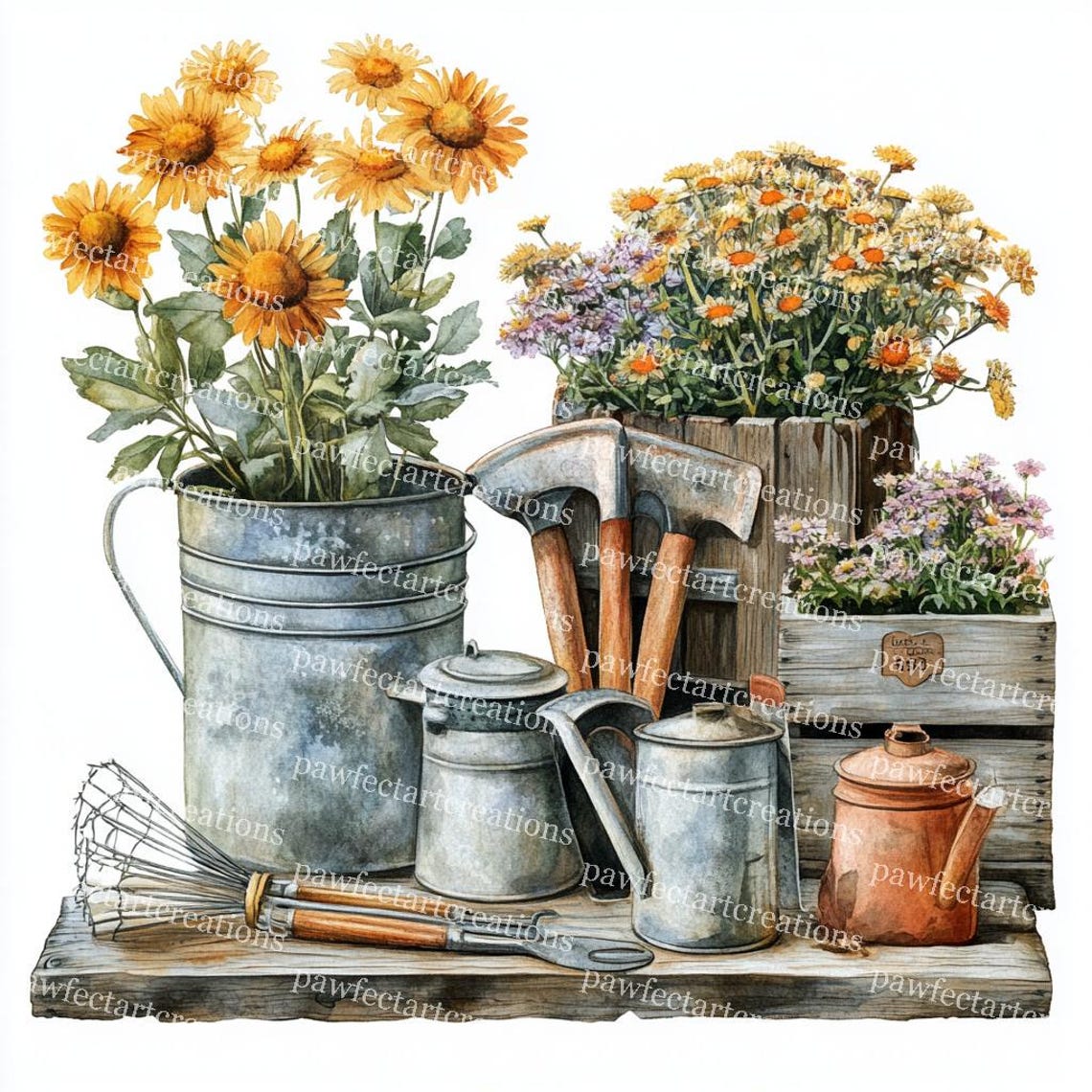 Vintage Gardening Tools Watercolor Clipart: Spring Garden Art (digital ...