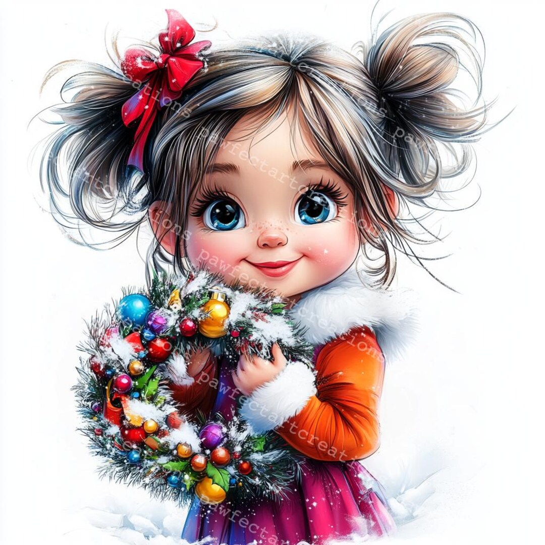 Christmas Girl Clipart: Watercolor Wreath, Holiday Card Art (JPG) - Etsy