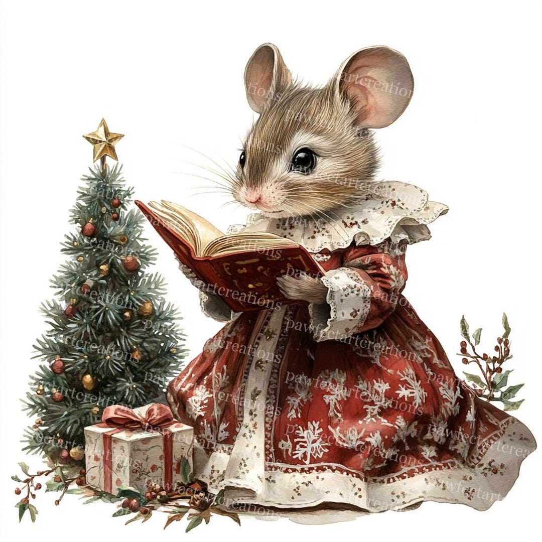 Christmas Mouse Clipart: Vintage Dress, Watercolor Santa, Papercraft ...