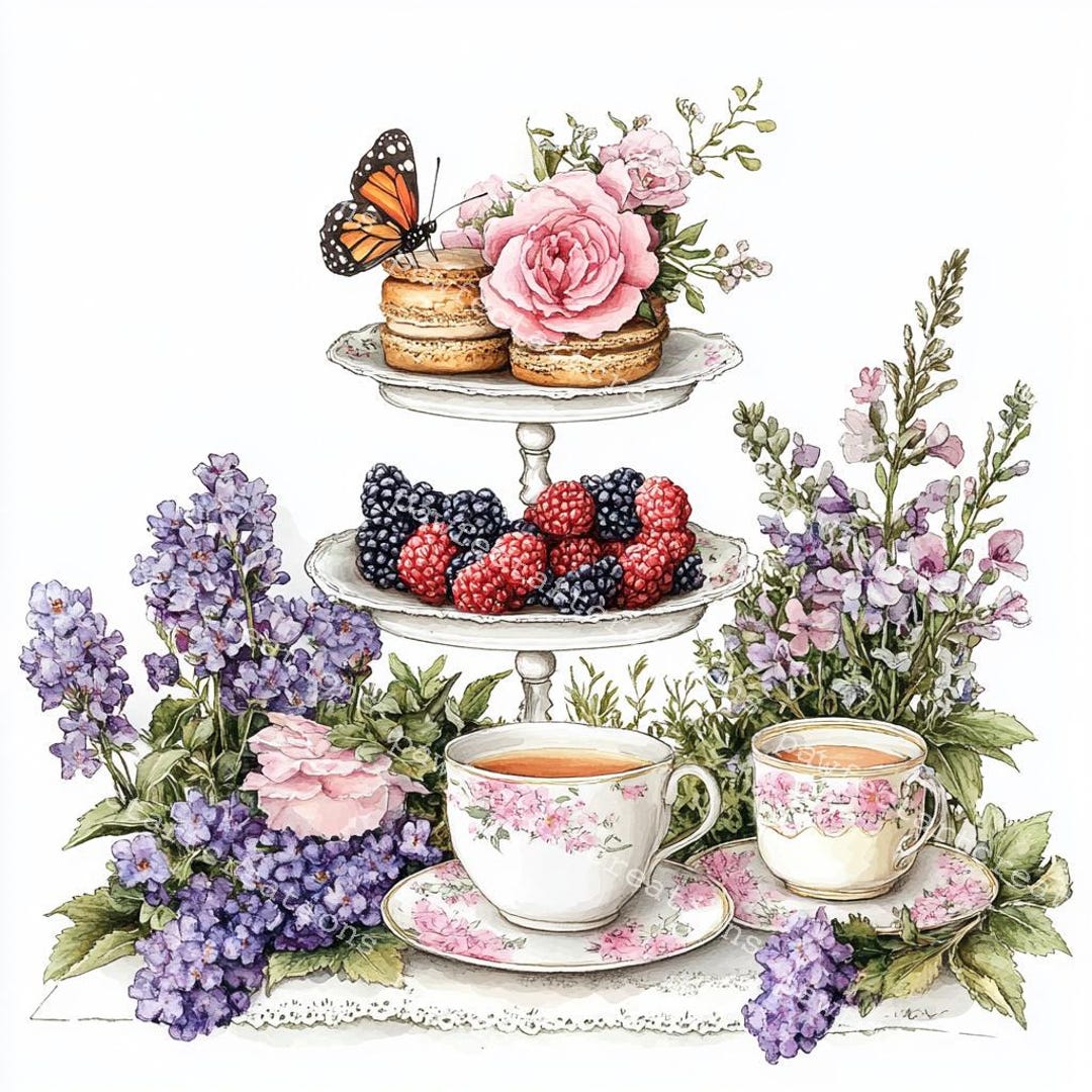English Garden Tea Party Clipart: Watercolor Floral Designs (digital ...