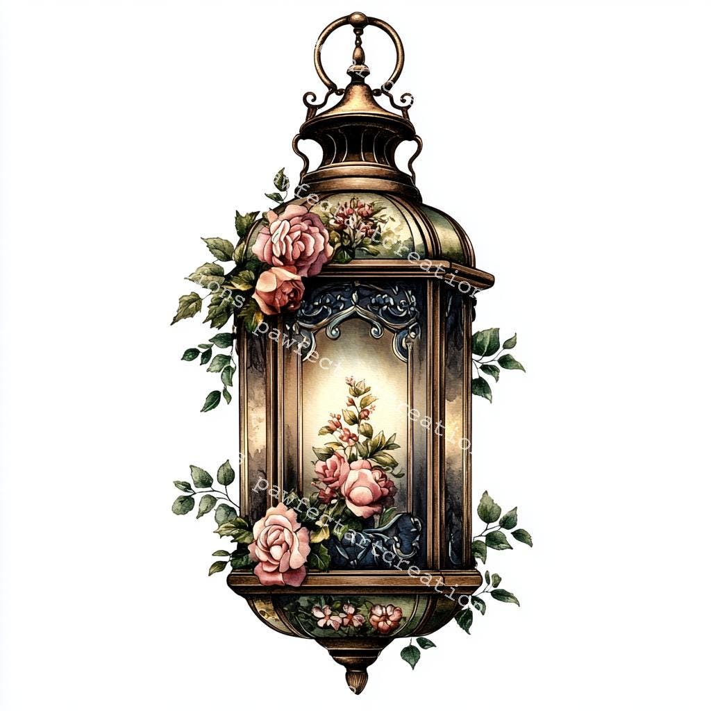 15 Antique Cottagecore Lantern Clipart: Watercolor Floral Design ...