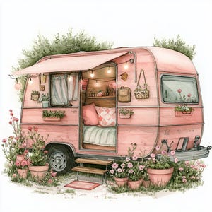 10 Pink Cozy Camping Trailer Clipart, Retro Camping Trailer, Printable ...