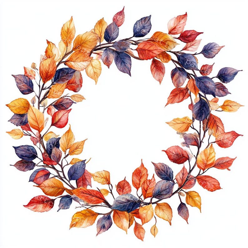 Autumn Leaves Wreath Clipart: Watercolor Fall Foliage (digital Download ...