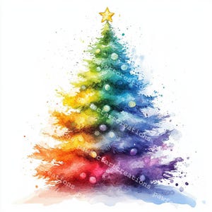 12 Rainbow Christmas Tree Clipart, Christmas Card, Printable Watercolor ...