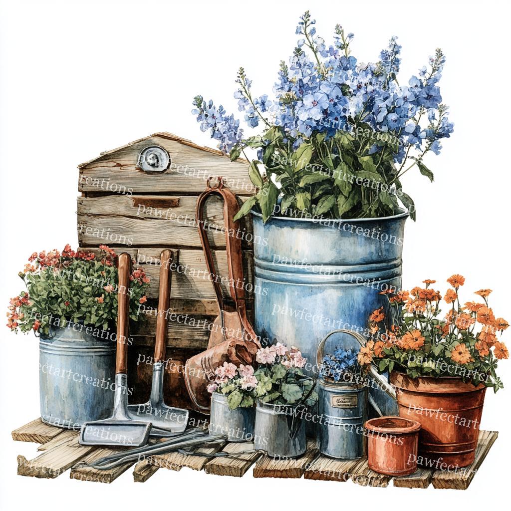 Vintage Gardening Tools Watercolor Clipart: Spring Garden Art (digital ...