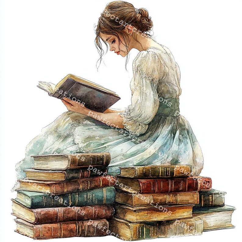 Girl Reading Clipart: Literary Watercolor Art, Book Lover (digital ...