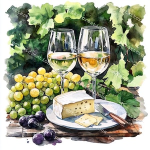 12 Wine and Cheese Clipart, Wine Glass Clipart, Printable Watercolor ...