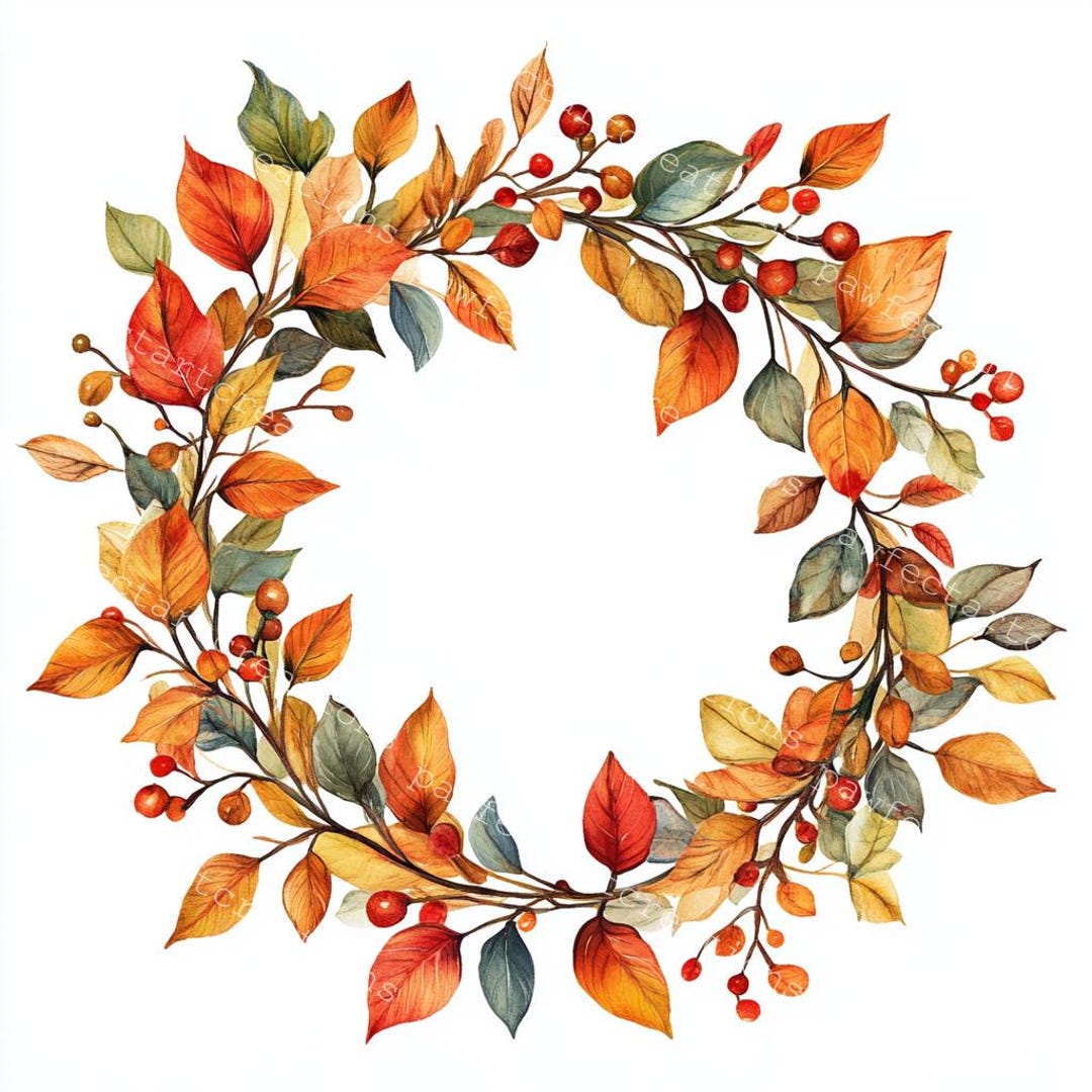 Autumn Leaves Wreath Clipart: Watercolor Fall Foliage (digital Download ...