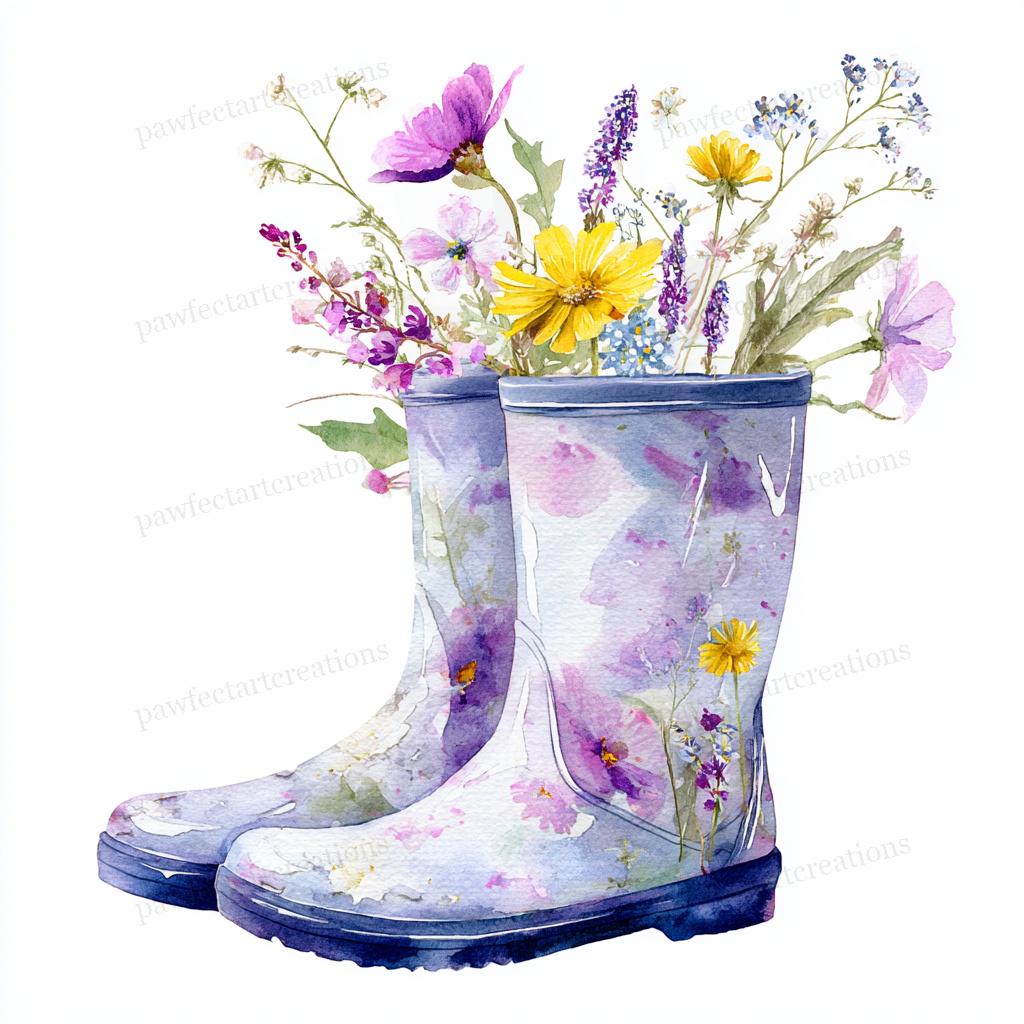 20 Spring Rain Boots Clipart, Watercolor Rain Boot Bundle, Floral ...