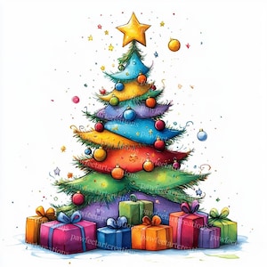 14 Whimsical Christmas Tree Clipart, Christmas Card, Printable ...