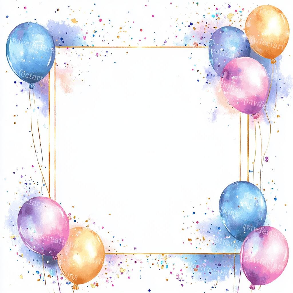 Birthday Balloon Frame Clipart: Watercolor Celebration (digital ...