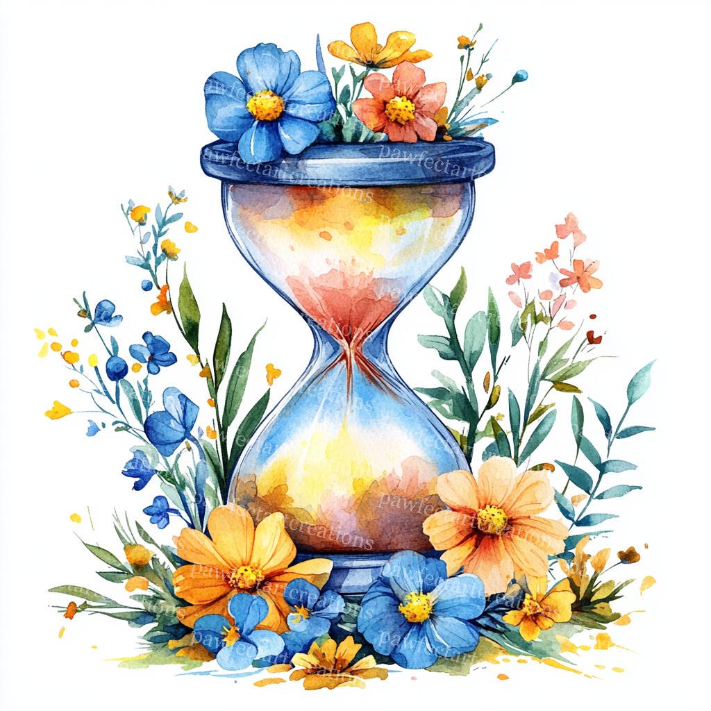 12 Floral Hourglass Clipart: Watercolor Sand Timer Art (digital ...