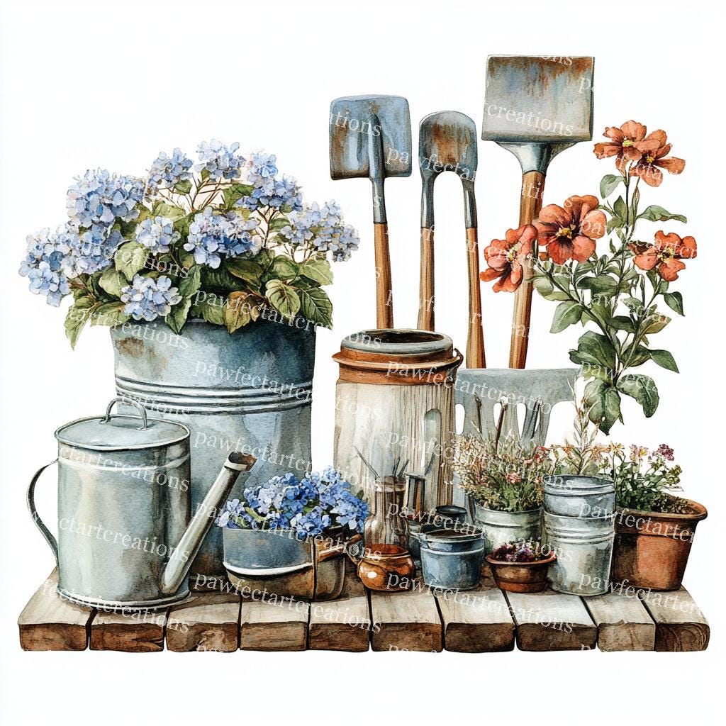 Vintage Gardening Tools Watercolor Clipart: Spring Garden Art (digital ...