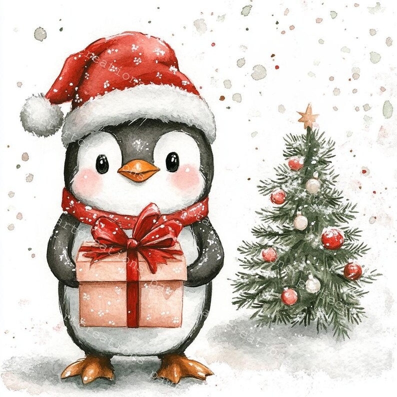 10 Christmas Penguin Clipart: Watercolor Baby Penguins (digital ...