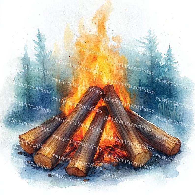 Bonfire Clipart: Watercolor Campfire, Firewood (digital Download) - Etsy