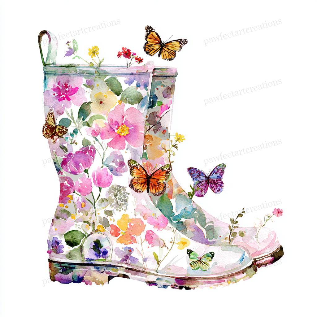 20 Spring Rain Boots Clipart, Watercolor Rain Boot Bundle, Floral ...