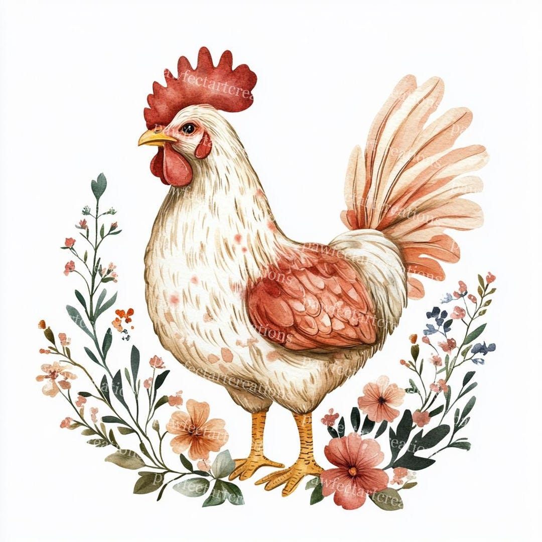 12 Floral Chicken Clipart, Cottagecore Chicken, Farm Animal, Printable ...