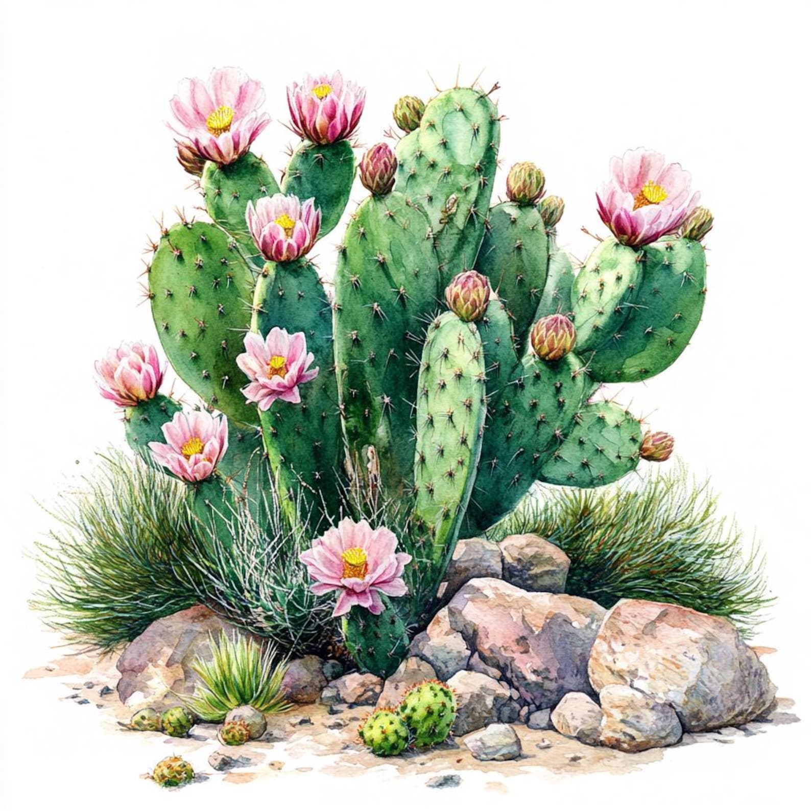 Watercolor Cactus Clipart Set: Blooming Desert Plants (digital Download ...