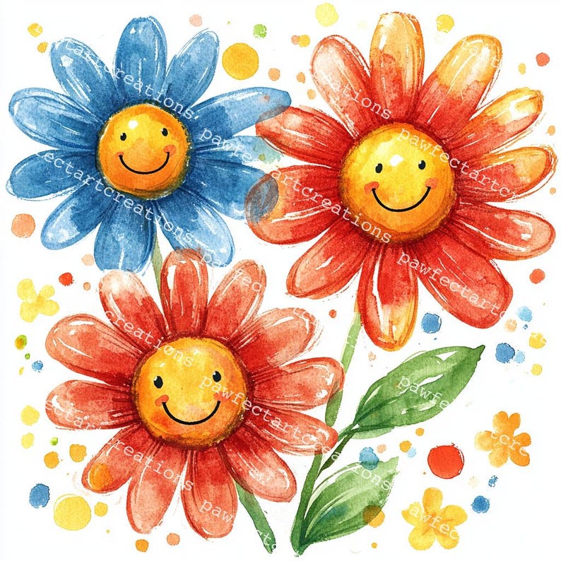 Smiling Flowers Clipart: Watercolor Style, Commercial Use (jpgs ...