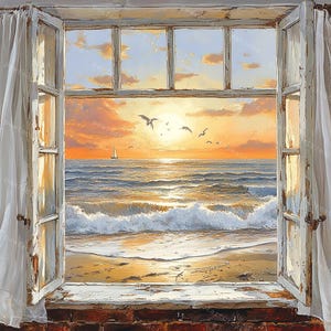 Seaside View Watercolor Print: Ocean Window Clipart (digital Download ...